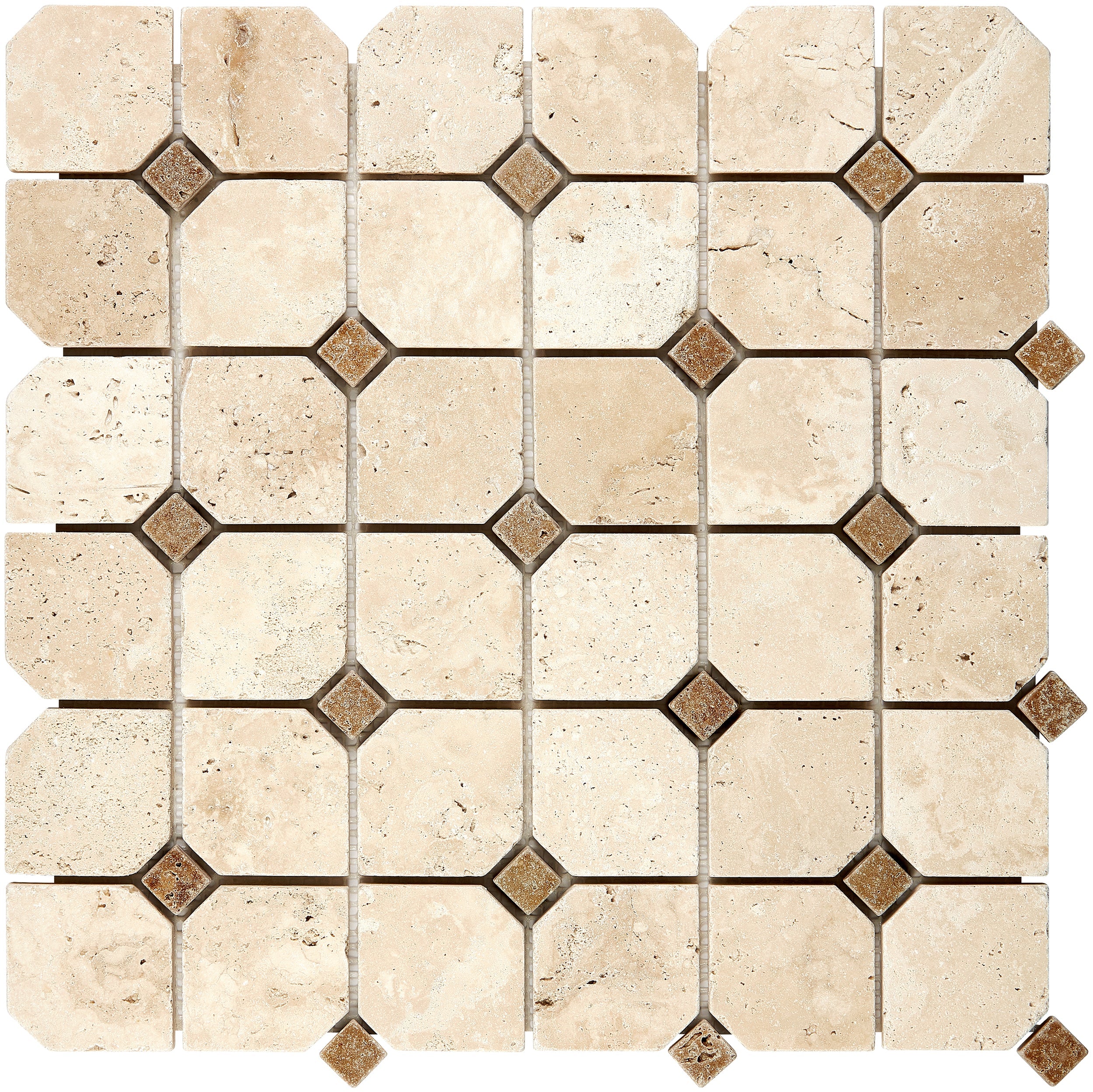 Ivory (Light) Travertine Octagon Mosaic w/ Noce Dots Tumbled – Socaltiles